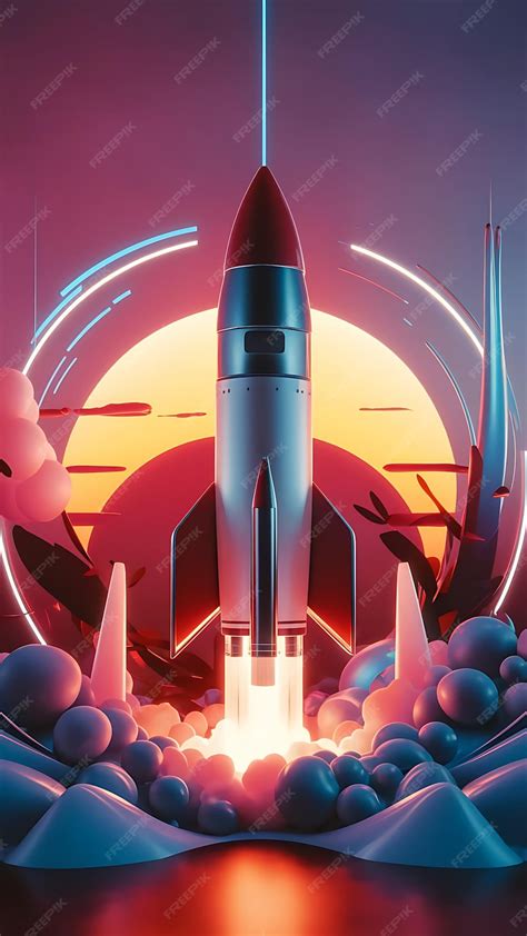 Launching Space Rocket 3d Render Illustration Vector Concept Premium