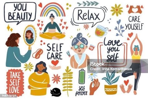 자기 관리의 벡터 세트 그림입니다 자신을 껴안고 있는 귀여운 소녀 또는 여자 하트 모양과 글자 요소가 있는 컬렉션입니다 정신