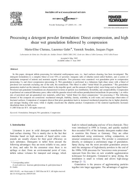 Pdf Processing A Detergent Powder Formulation Direct Compression And High Shear Wet