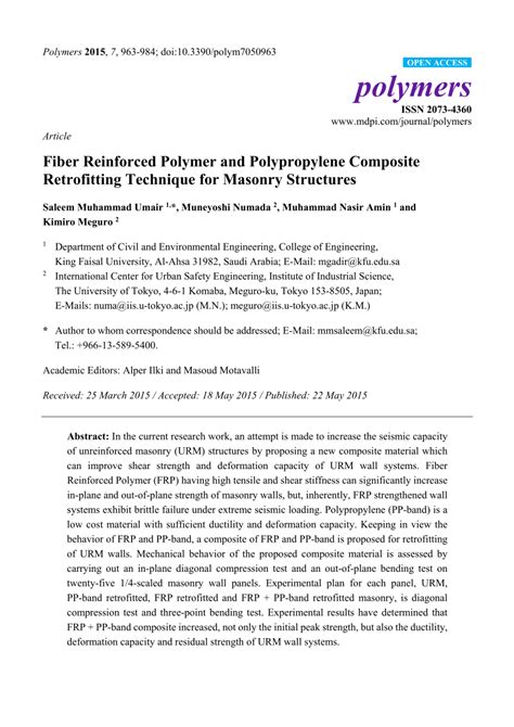 Pdf Fiber Reinforced Polymer And Polypropylene Composite Retrofitting Technique For Masonry