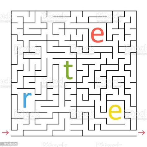 추상 사각형 미로입니다 아이들을위한 흥미롭고 유용한 게임 모든 문자를 수집하고 단어를 구성합니다 흰색 배경에 격리 된 간단한 평면 벡터 그림입니다 0명에 대한 스톡 벡터