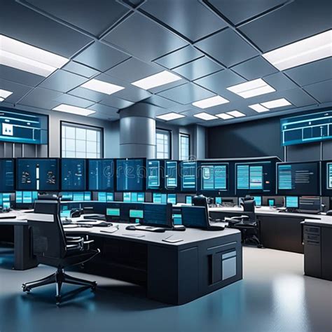 3d Rendering Of Modern Office Interior With Computers And Monitors On The Wall Generative Ai