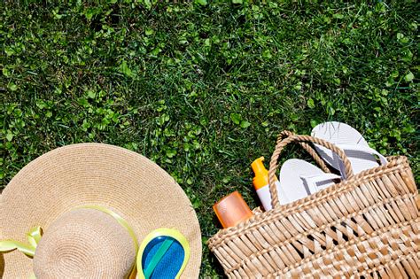 잔디 배경에 야외 밝은 여름 해변 휴가 또는 여행 라이프 스타일 개념의 플랫 평지 0명에 대한 스톡 사진 및 기타 이미지 0명 가마니 가방 Istock