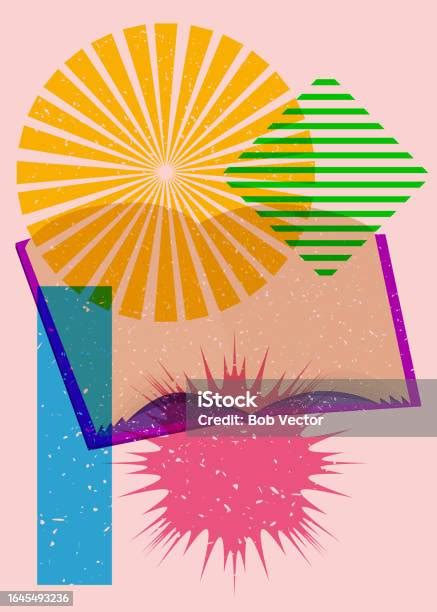 책과 다채로운 기하학적 모양 트렌디한 리소 그래프 디자인의 교육용 오브제 기하학 요소 추상 리소그래프 인쇄 질감 스타일 0명에 대한 스톡 벡터 아트 및 기타 이미지 Istock