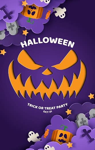 해피 할로윈 파티 포스터 및 브로셔 배경은 종이 컷 스타일입니다 10월에 대한 스톡 벡터 아트 및 기타 이미지 10월 3차원 형태 가을 Istock