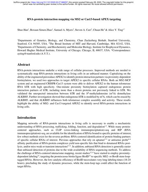 Pdf Rna Protein Interaction Mapping Via Ms2 Or Cas13 Based Apex Targeting