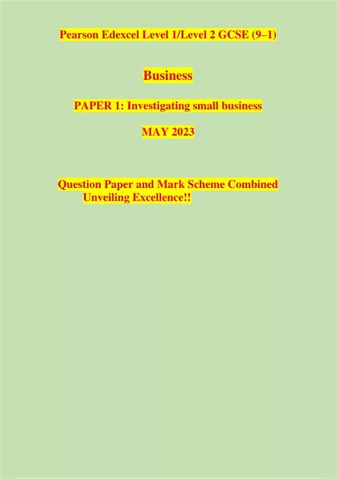 Pearson Edexcel Level 1level 2 Gcse 91 Business Paper 1 Investigating Small Business May