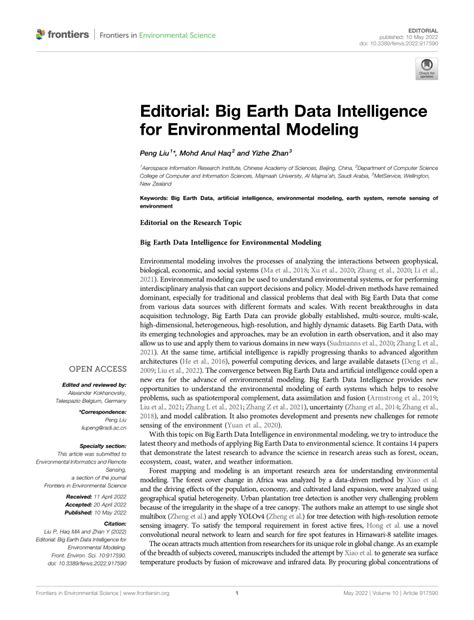 Pdf Editorial Big Earth Data Intelligence For Environmental Modeling