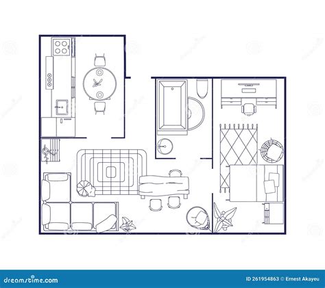 Apartment Layout Floor Plan Overhead Outlined Floorplan Home Interior Design With Furniture
