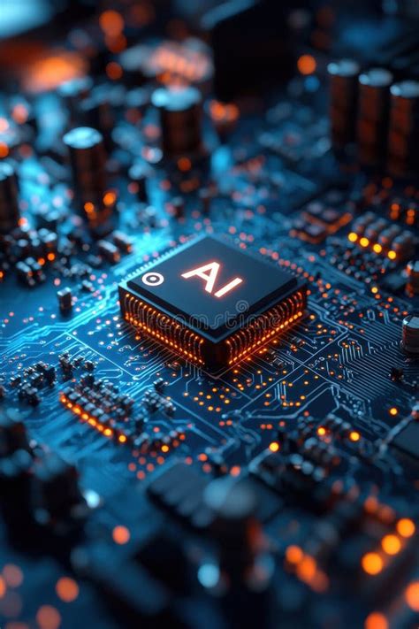 Artificial Intelligence Microchip On Integrated Circuit Board With Glowing Light Stock Image
