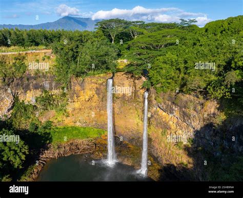 Aerial View Of Wailua Falls With Twin Waterfalls In Kauai Hawaii Stock