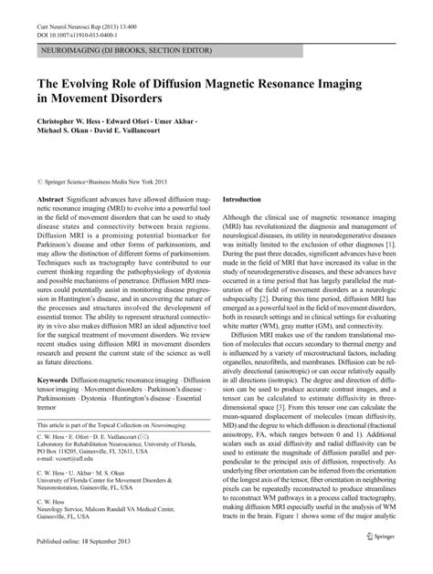 Pdf The Evolving Role Of Diffusion Magnetic Resonance Imaging In Movement Disorders
