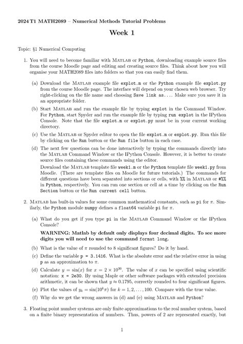 Math2089 Nm Tut Week1 Numerical Methods Week 1 Tute 2024 T1
