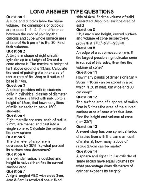 Long Answer Type Questions Pdf Volume Sphere
