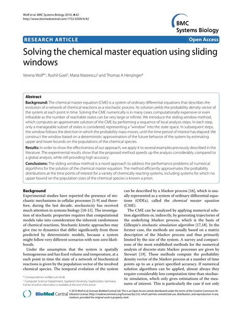 Pdf Solving The Chemical Master Equation Using Sliding Windows