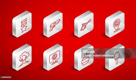 세트 라인 대전차 수류탄 권총 또는 총 곡사포 위치 평화 손 군사 보상 메달 및 핵폭발 아이콘 벡터 3차원 형태에 대한 스톡 벡터 아트 및 기타 이미지 Istock