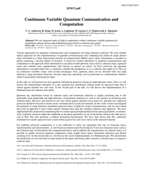 Pdf Continuous Variable Quantum Communication And Computation
