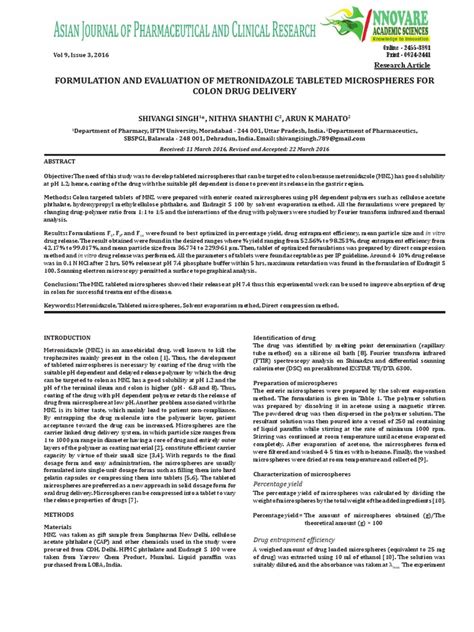 Formulation And Evaluation Of Metronidazole Tableted Microspheres For Colon Drug Delivery Pdf