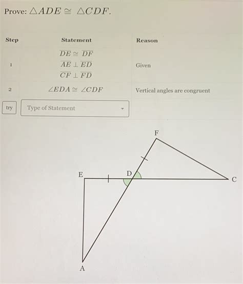 Solved Prove ADE CDF Step Statement Reason Overline DE Overline DF Overline AE Overline Math