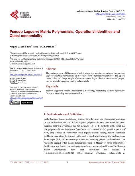 Pdf Pseudo Laguerre Matrix Polynomials Operational Identities And Quasi Monomiality