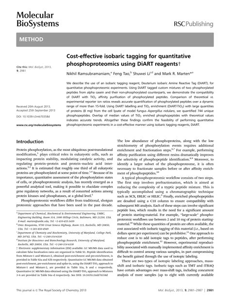 Pdf Cost Effective Isobaric Tagging For Quantitative Phosphoproteomics Using Diart Reagents