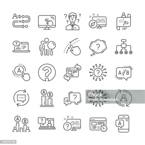 Ux 라인 아이콘입니다 Ab 테스트 여행 경로 지도 및 물음표 선형 아이콘의 집합입니다 벡터 개발에 대한 스톡 벡터 아트 및 기타 이미지 Istock