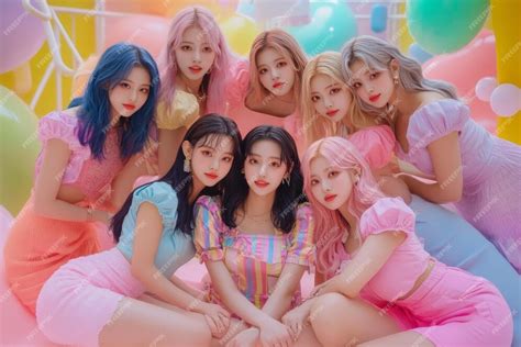 Group Of Female Kpop Idols Posing In A Candy Colored Room Premium Ai