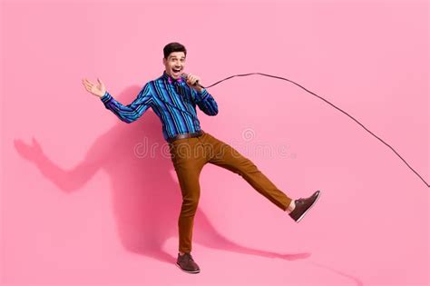 Full Length Photo Of Funky Young Funny Classy Man Hold Microphone And His Dream Become Singer