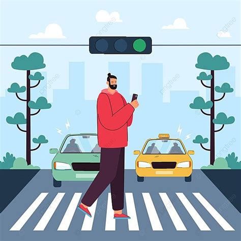 Crossing The Road Pedestrian Crosswalk With Green Traffic Light Vector