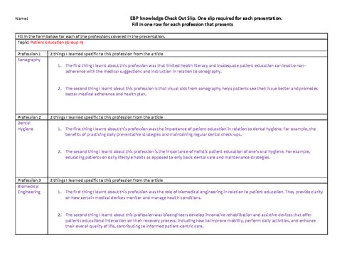 Ebp Learning Knowledge Check Out Slip Group Presentations Patient Education Name Ebp