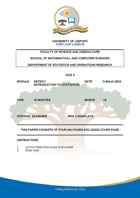 Quiz 3 2024 Statistics University Of Limpopo Turfloop Campus Faculty Of Science And