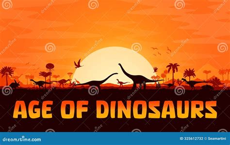 Prehistoric Dino Silhouettes On Sunset Background Stock Illustration