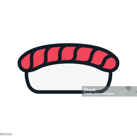 일본 음식 스시 롤입니다 노리 쌀과 생선 아시아 요리입니다 플랫 컬러 라인 스트로크 아이콘 그림 0명에 대한 스톡 벡터 아트 및