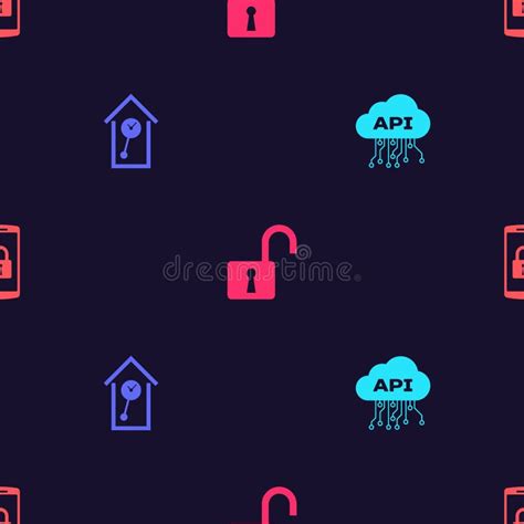 Set Cloud Api Interface Retro Wall Watch Open Padlock And Smartphone With On Seamless Pattern