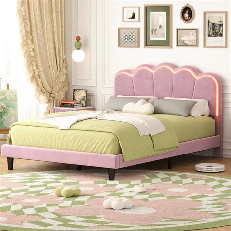 Bellemave Led Tween Upholstery Full Size Floating Bed Frame Pink