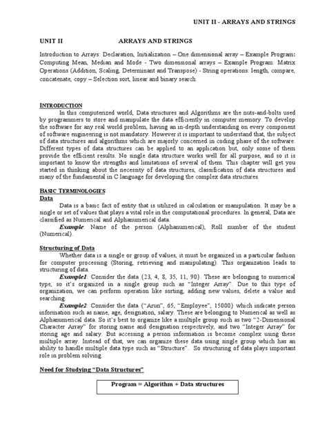 Unit Ii Arrays And Strings 1 Pdf Determinant Matrix Mathematics