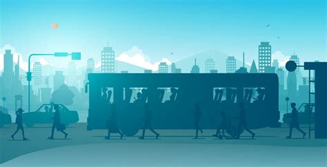 Flat Cartoon Of Public Bus And Stop Sign Vector Image