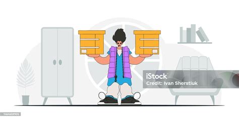 상자를 들고 유쾌한 남자 배송 및 화물 배송의 시각적 표현 가상현실에 대한 스톡 벡터 아트 및 기타 이미지 가상현실 남자