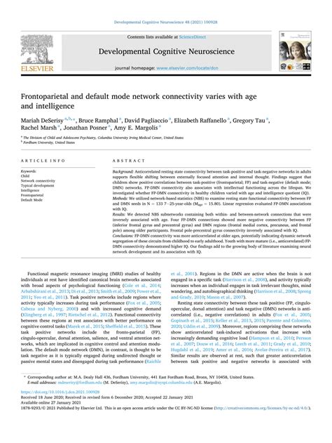 Pdf Frontoparietal And Default Mode Network Connectivity Varies With Age And Intelligence