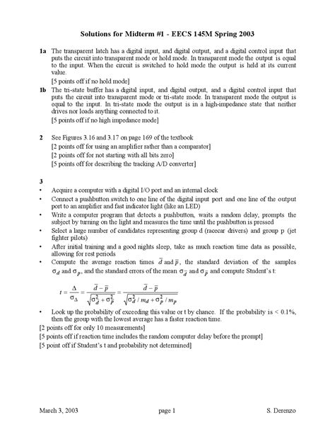 Midterm 1 Solutions For Eecs 145m Spring 2003 Exams Microcomputers Docsity