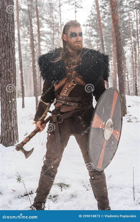 Norse Warrior Poised With Axe And Shield Stock Image Image Of Norse