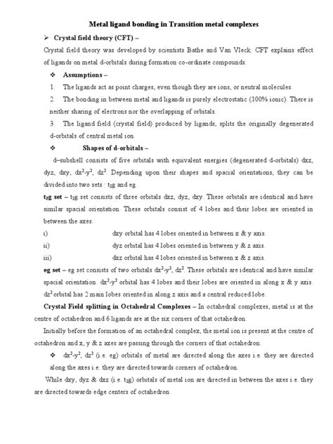 Metal Ligand Bonding In Transition Metal Complexes Part 1 Pdf Ligand Coordination Complex