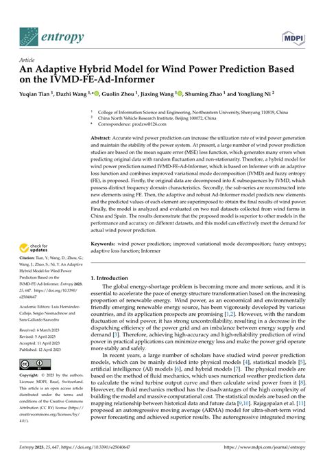 Pdf An Adaptive Hybrid Model For Wind Power Prediction Based On The Ivmd Fe Ad Informer