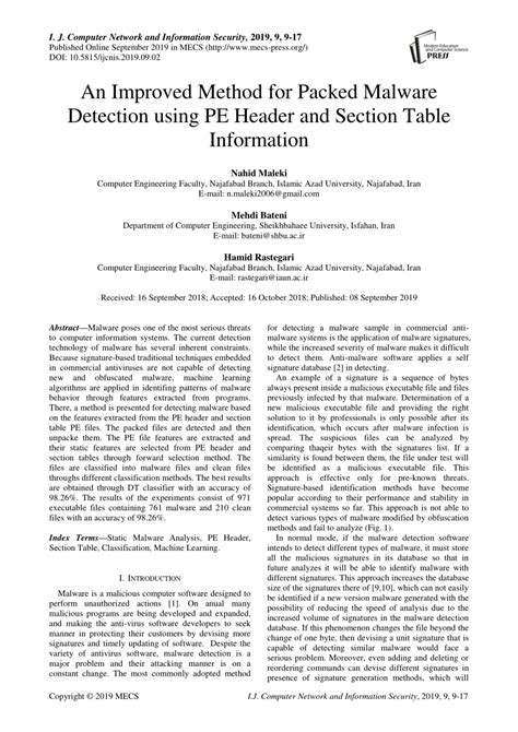 Pdf An Improved Method For Packed Malware Detection Using Pe Header