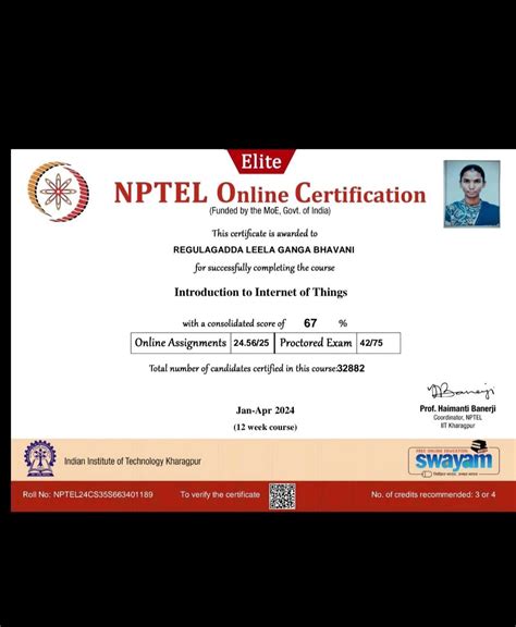 Got Nptel Certificate From Swayam For Internet Of Things Leela Ganga Bhavani Regulagadda