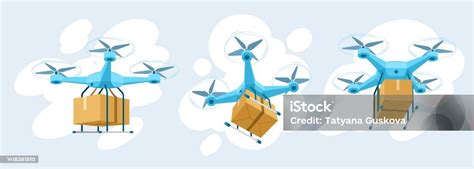 공기 전달을위한 무인 항공기 배달 비행 로봇 무인 항공기 익스프레스 로봇 선적 개념 화물 운송의 현대 기술 만화 벡터 일러스트 레이 션 Multicopter에 대한 스톡