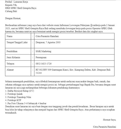 Contoh Surat Lamaran Kerja Di Spbu Sebagai Operator