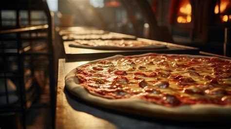 Premium AI Image Cinematic Capture Rows Of Freshly Baked Pizzas