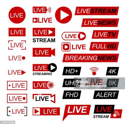 라이브 스트리밍 아이콘 집합입니다 비디오 방송 및 라이브 스트리밍 아이콘 집합입니다 버튼 Tv 뉴스 영화 쇼에 대한 빨간색 기호 라이브 스트리밍 방송 온라인 스트림의 빨간색
