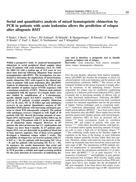 Pdf Serial And Quantitative Analysis Of Mixed Hematopoietic Chimerism